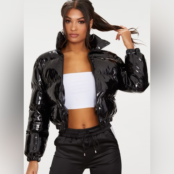 PrettyLittleThing | Jackets & Coats | Plt Black Cropped Vinyl Puffer ...
